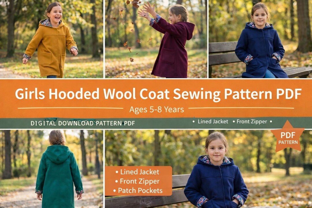Girls Hooded Wool Coat Sewing Pattern | A-line Winter Jacket (PDF ...