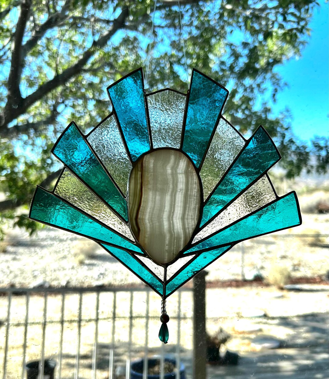 Art Deco Style Stained Glass Sun Catcher With Agate - Etsy