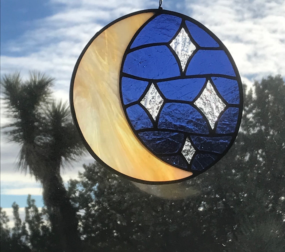 Celestial Scene, Moon and Stars Stained Glass Sun Catcher Window ...