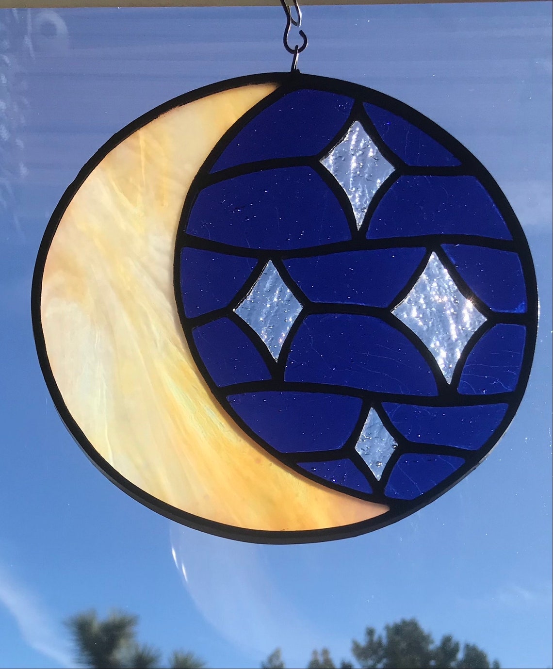 Celestial Scene, Moon and Stars Stained Glass Sun Catcher Window ...