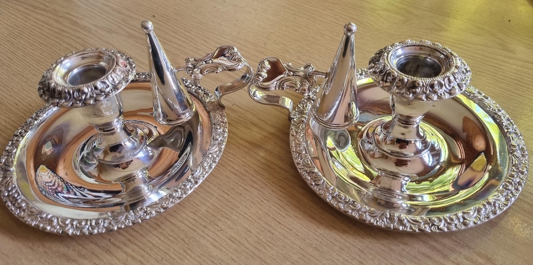 Pair Regency Silver Plated Chambersticks With Snuffers by Joseph ...