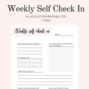 PRINTABLE Pink Weekly Self Care Check In, Self Reflection Worksheet ...