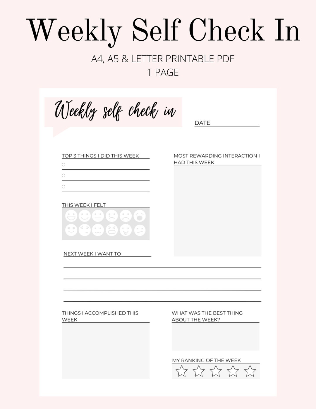 PRINTABLE Pink Weekly Self Care Check In, Self Reflection Worksheet ...