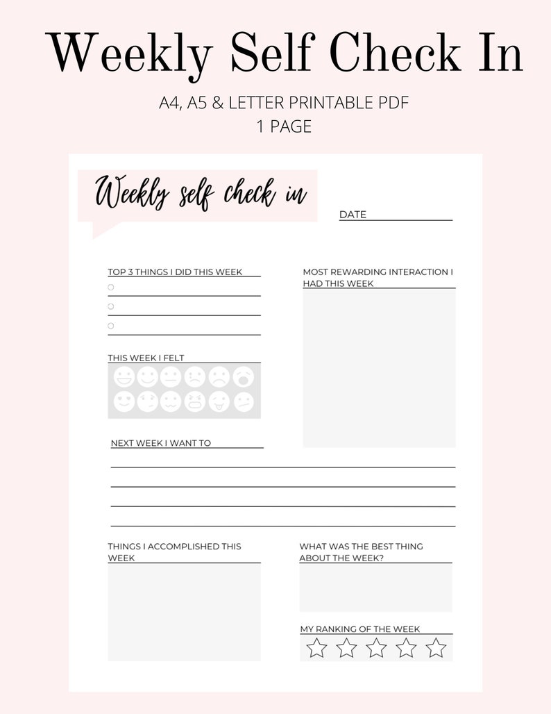 PRINTABLE Pink Weekly Self Care Check In, Self Reflection Worksheet ...
