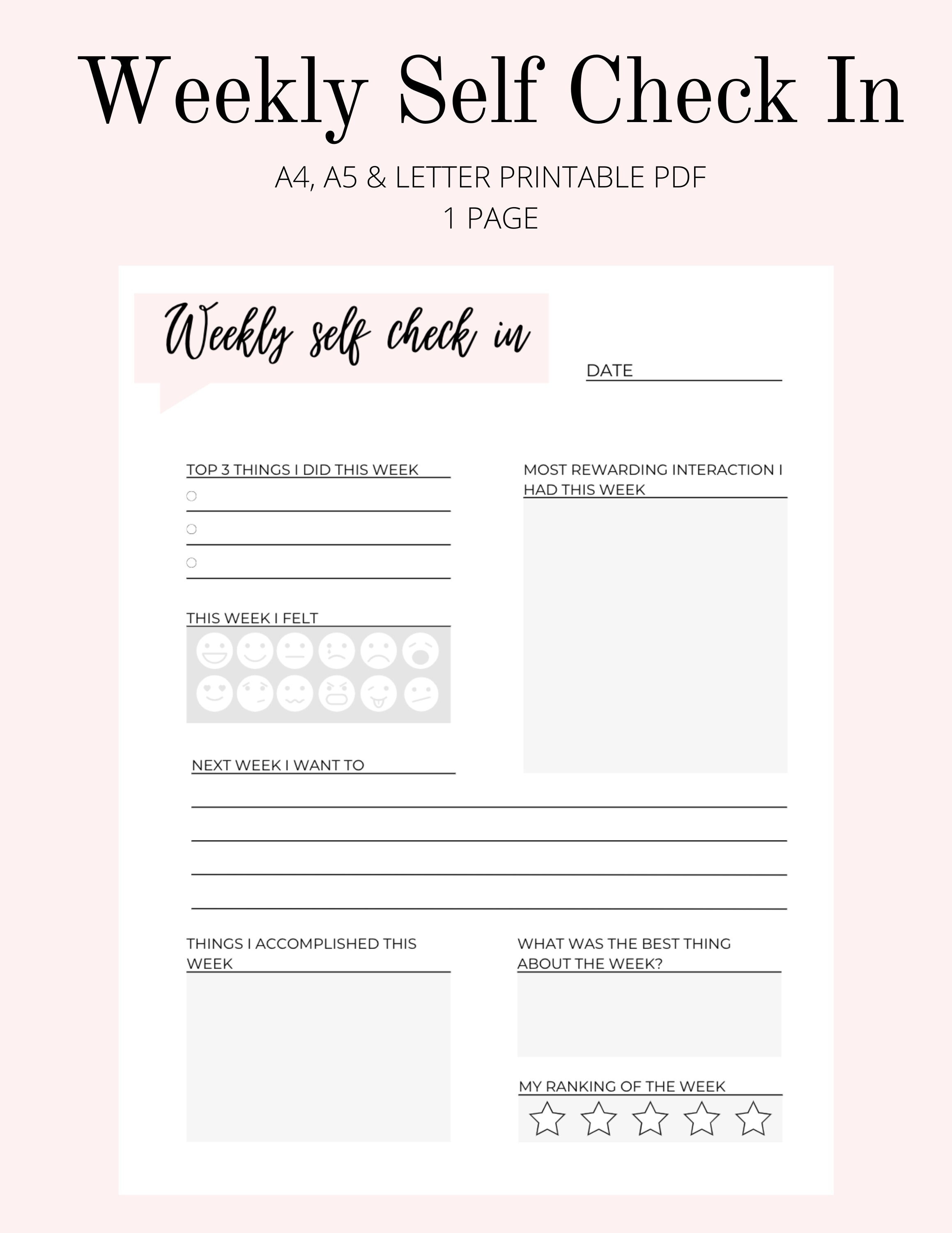 PRINTABLE Pink Weekly Self Care Check In, Self Reflection Worksheet ...