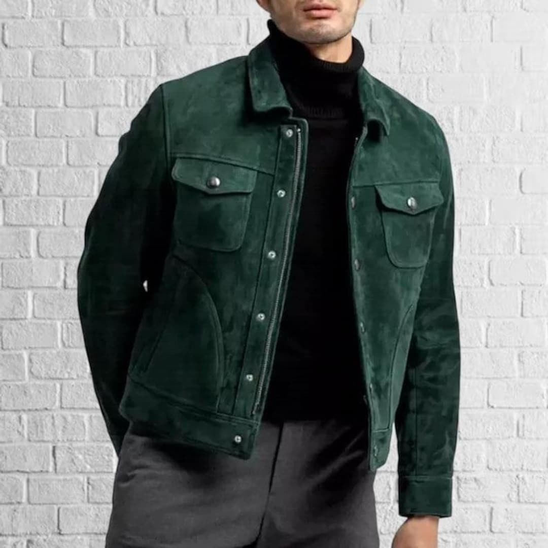 Men's Stylish Green Suede Leather Jacket With Front Button Closure ...