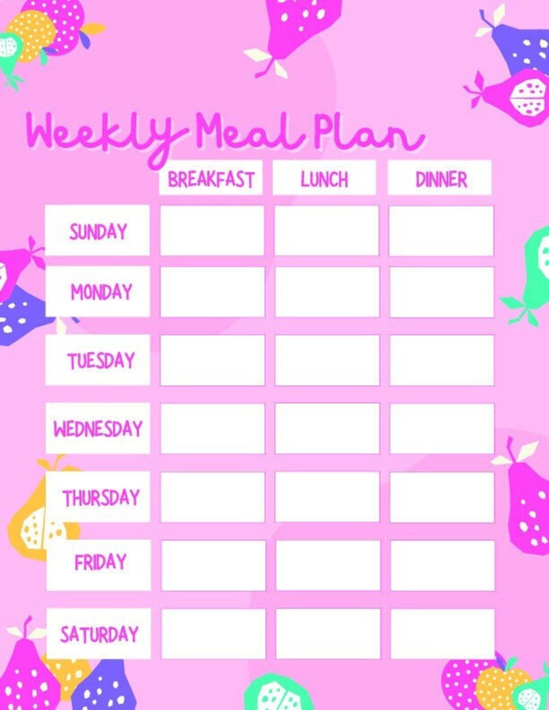 Pink Fruit Themed Weekly Meal Planner - Etsy