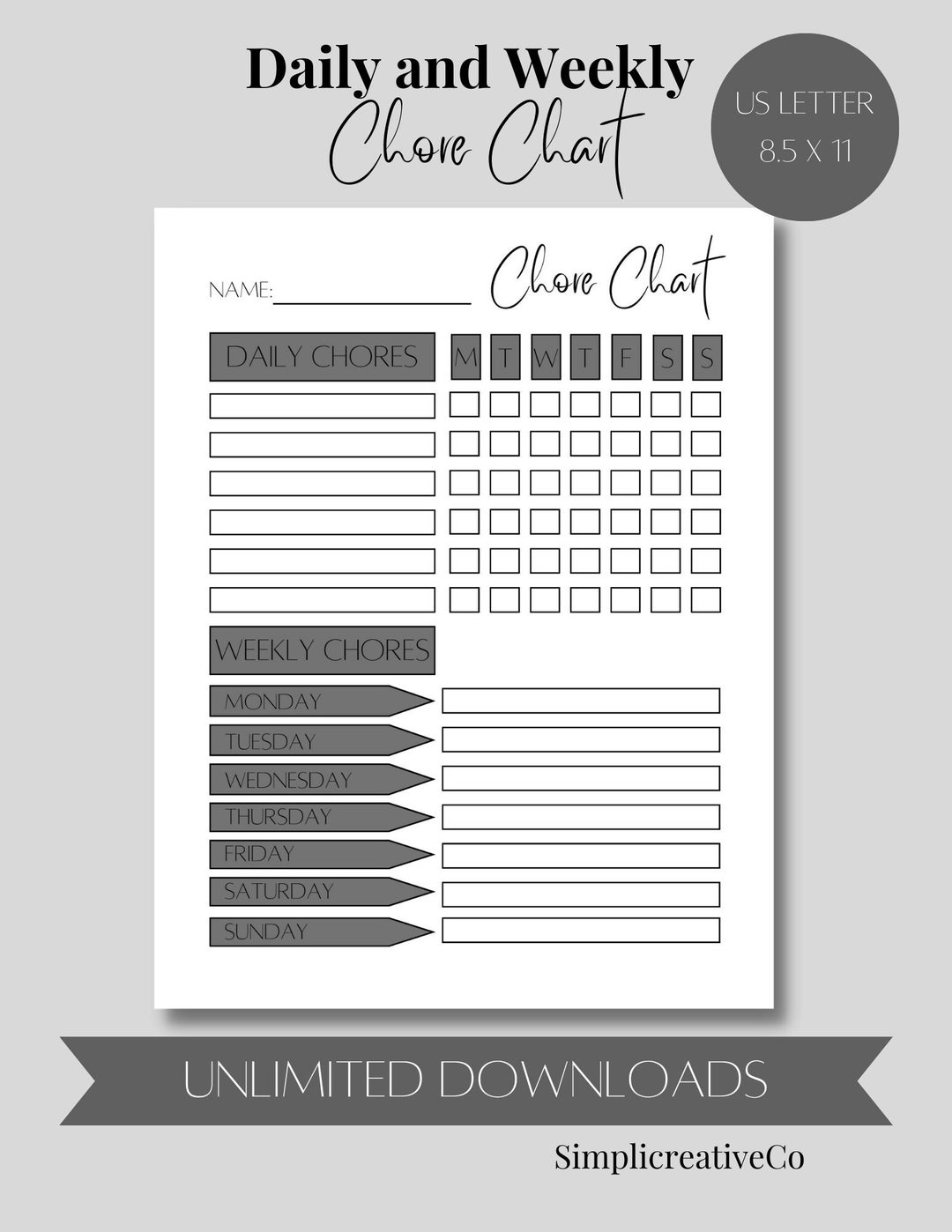 Daily Weekly CHORE CHART, Daily Weekly Chore Chart, Instant Downloads ...