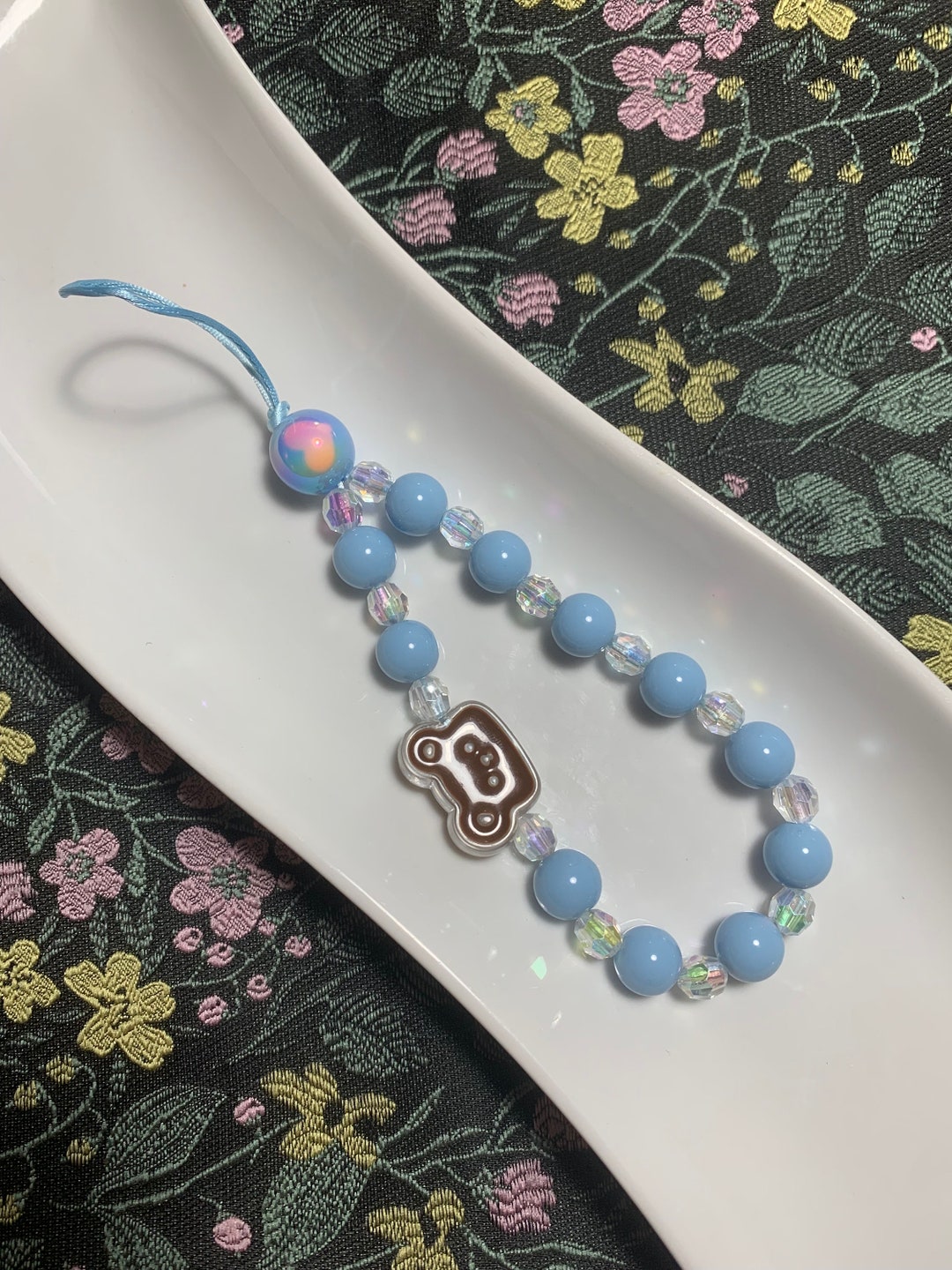 Blue Beaded iPhone Strap, Phone Accessories, Bear Charm, Strap for ...