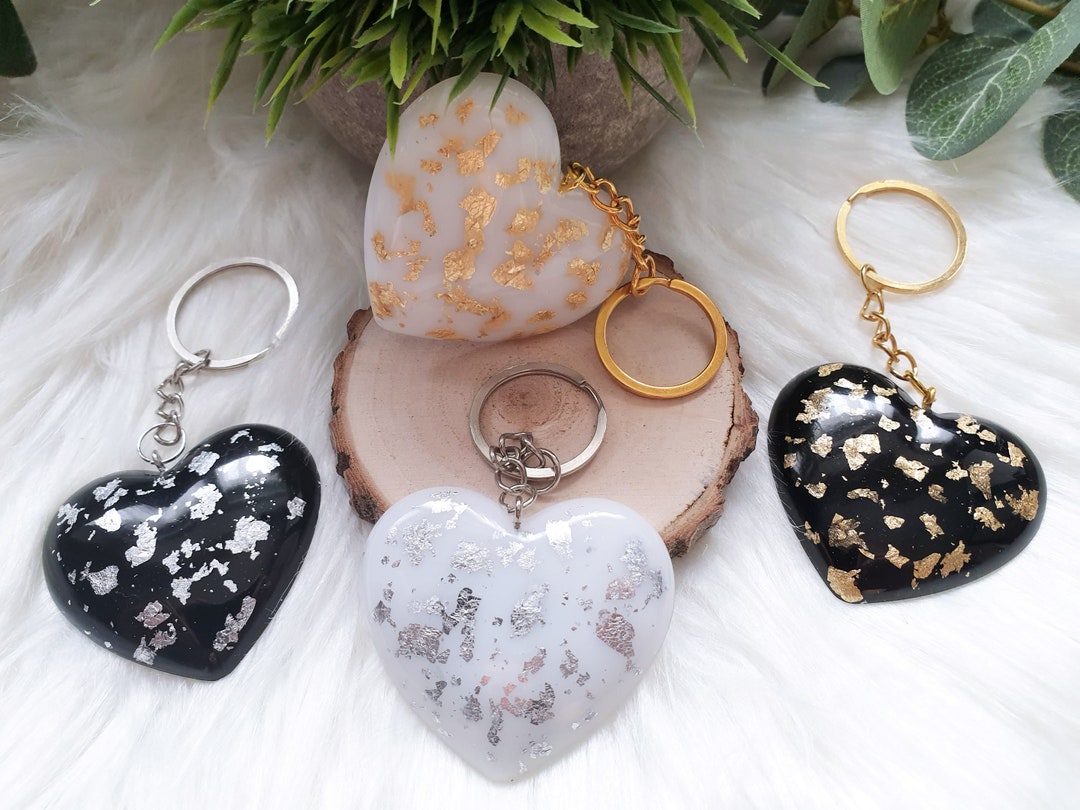 Resin Heart Keychain or Magnet With Gold or Silver Flakes - Etsy UK