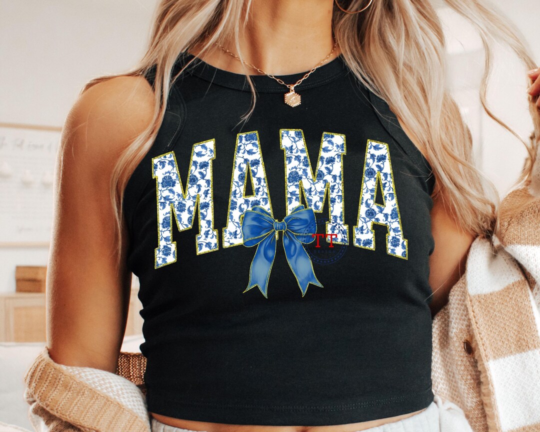 Mama Blue Chinoiserie Gold Glitter PNG Sublimation Design, Preppy ...