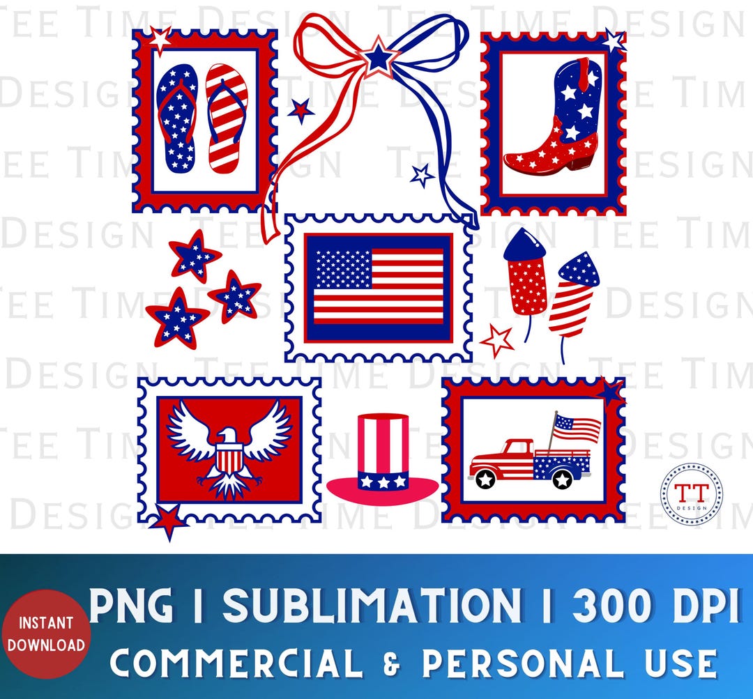 4th of July Stamps Coquette Bow 3X3 Grid PNG Fun Patriotic USA America ...