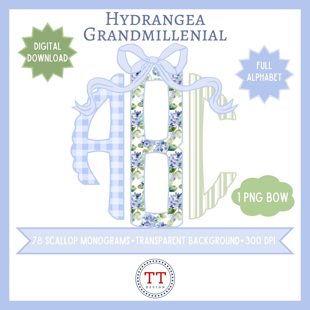 Full Alphabet Hydrangea Grandmillenial Monogram Scalloped Edge PNG ...