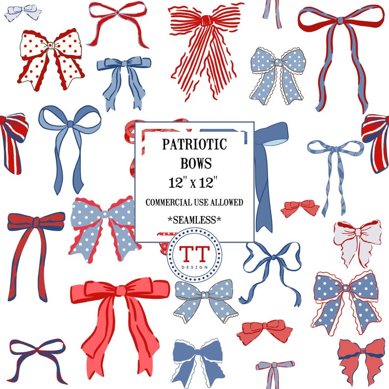 Patriotic Coquette Bow Seamless Watercolor Pattern JPG 4th of July Bows ...