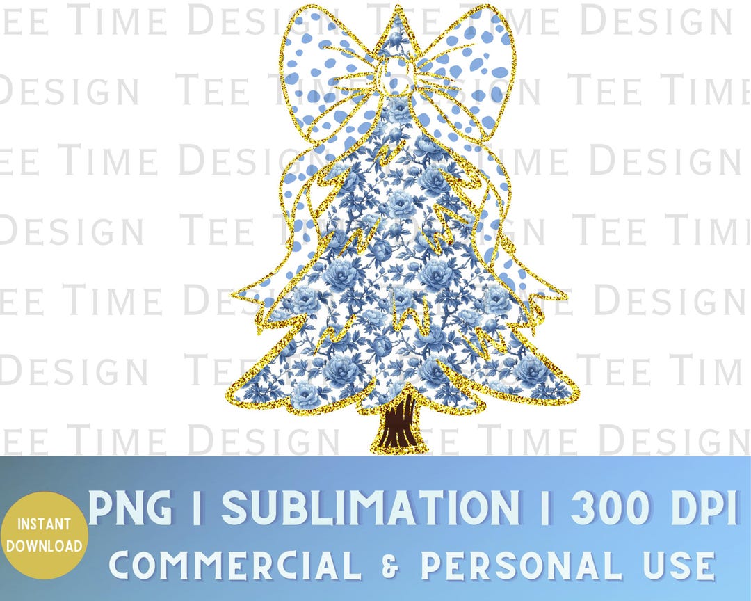 Glitter Blue Chinoiserie Christmas Tree Png, Dalmation Dot Bow, Vintage ...