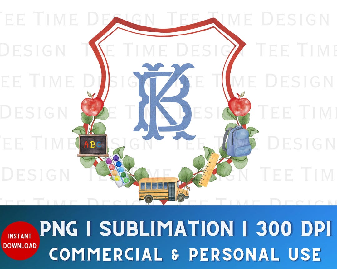 Preppy Watercolor School Crest Grandmillenial PNG Clipart Back to School Teacher Student Crest ...