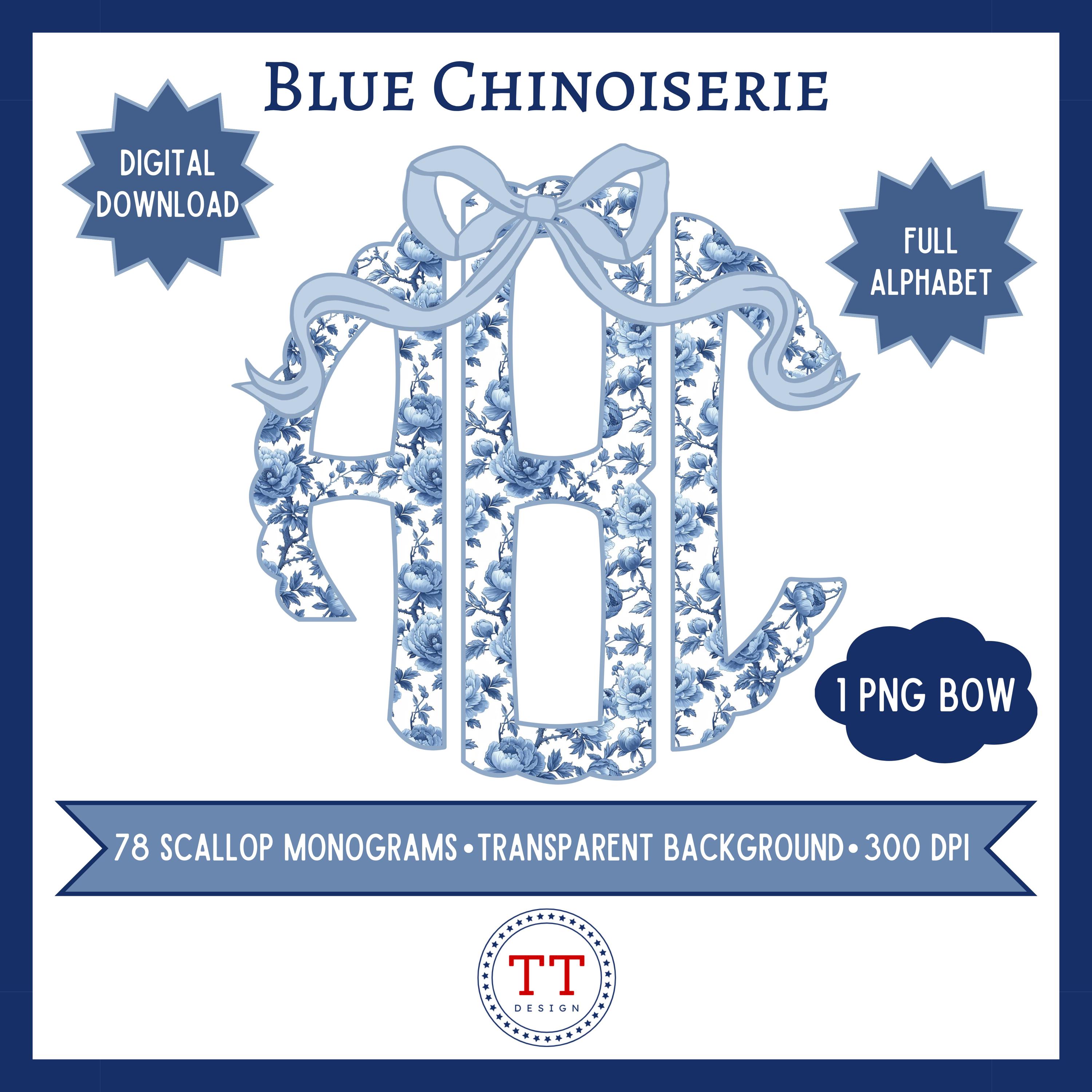Full Alphabet Blue and White Chinoiserie Monogram Scalloped Edge ...
