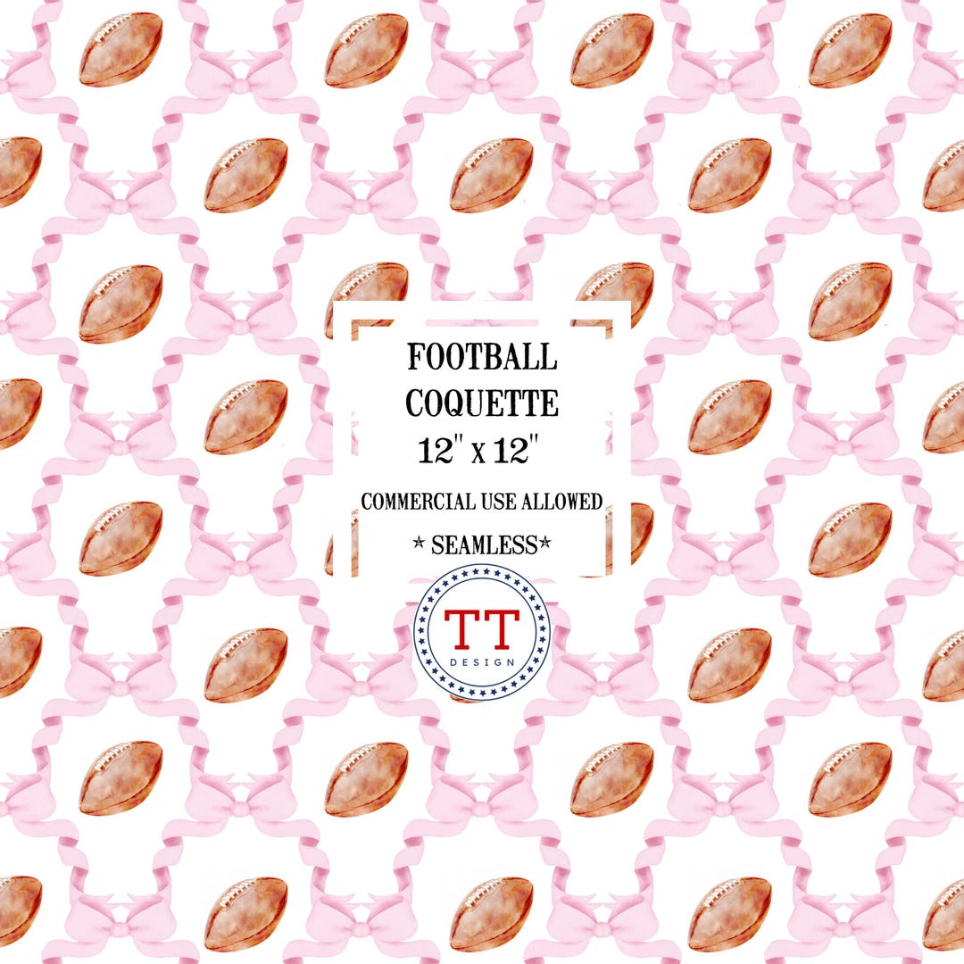 Football Pink Coquette Bow Seamless Watercolor Sports Pattern JPG Paper ...