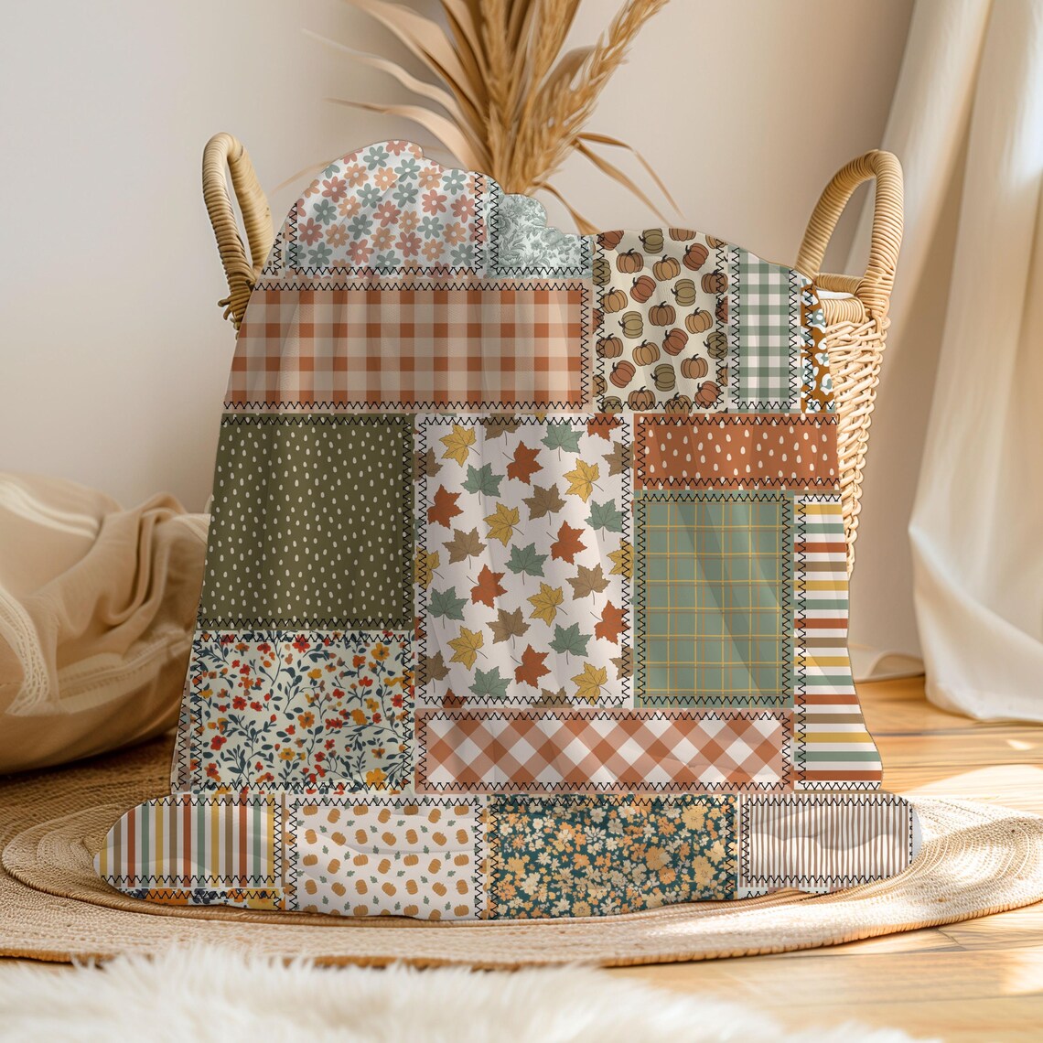 Fall Patchwork Seamless Pattern, Autumn Plaid, Pumpkins, Floral, Polka ...