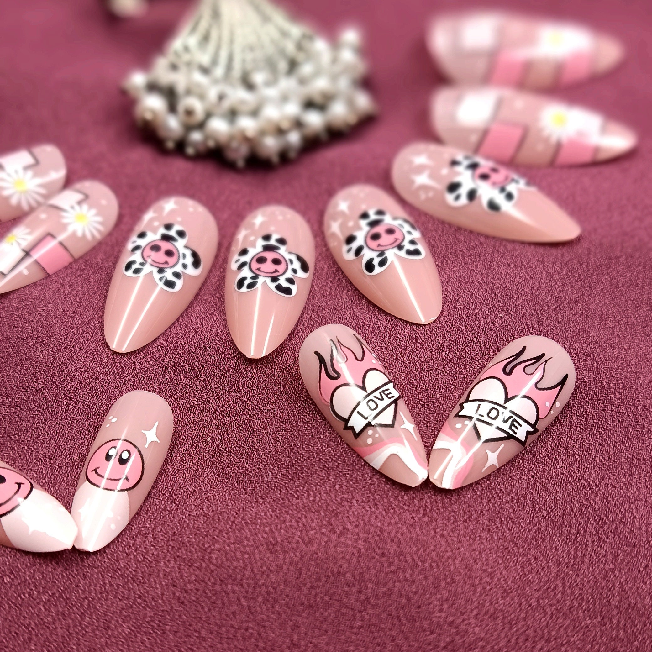 Pink Cartoon Press on Nails Trippy Smiley Face Glue on Nails - Etsy