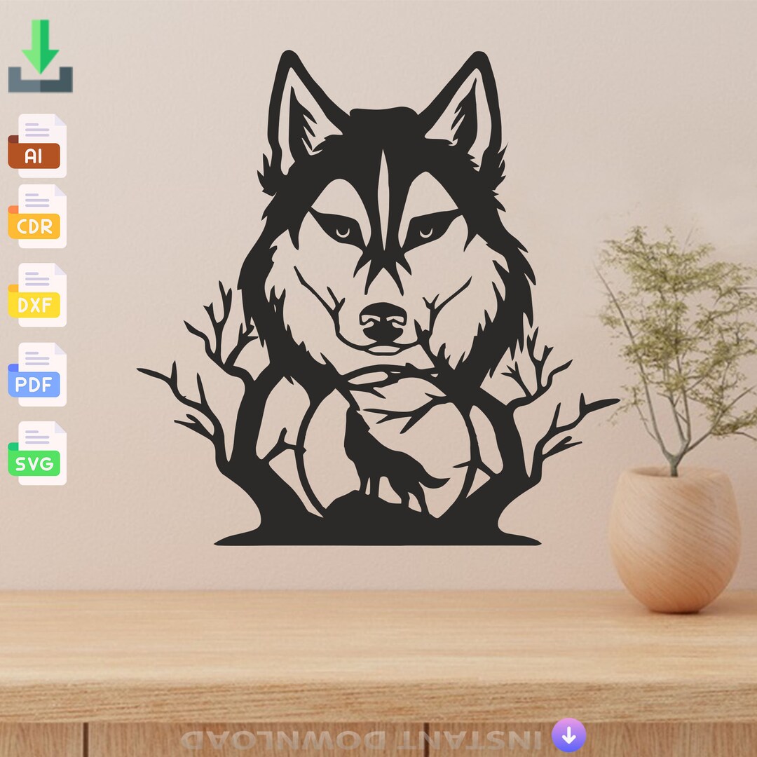 Wolf Scene Vector Art: Laser Cut Stencil, Engraving Template (digital ...