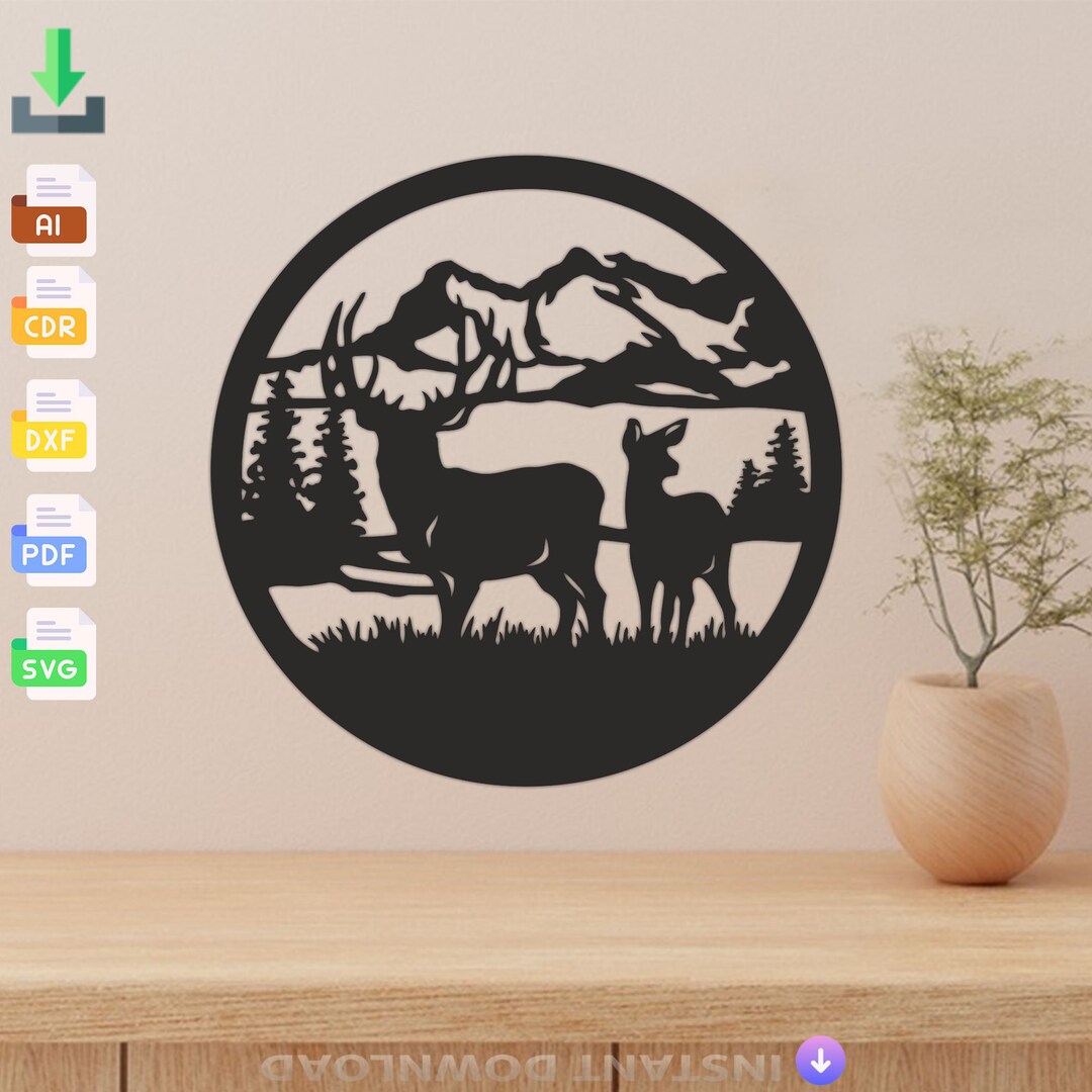 Deer Mountain Scene Laser Cut Svg Dxf Files Wall Sticker Engraving ...