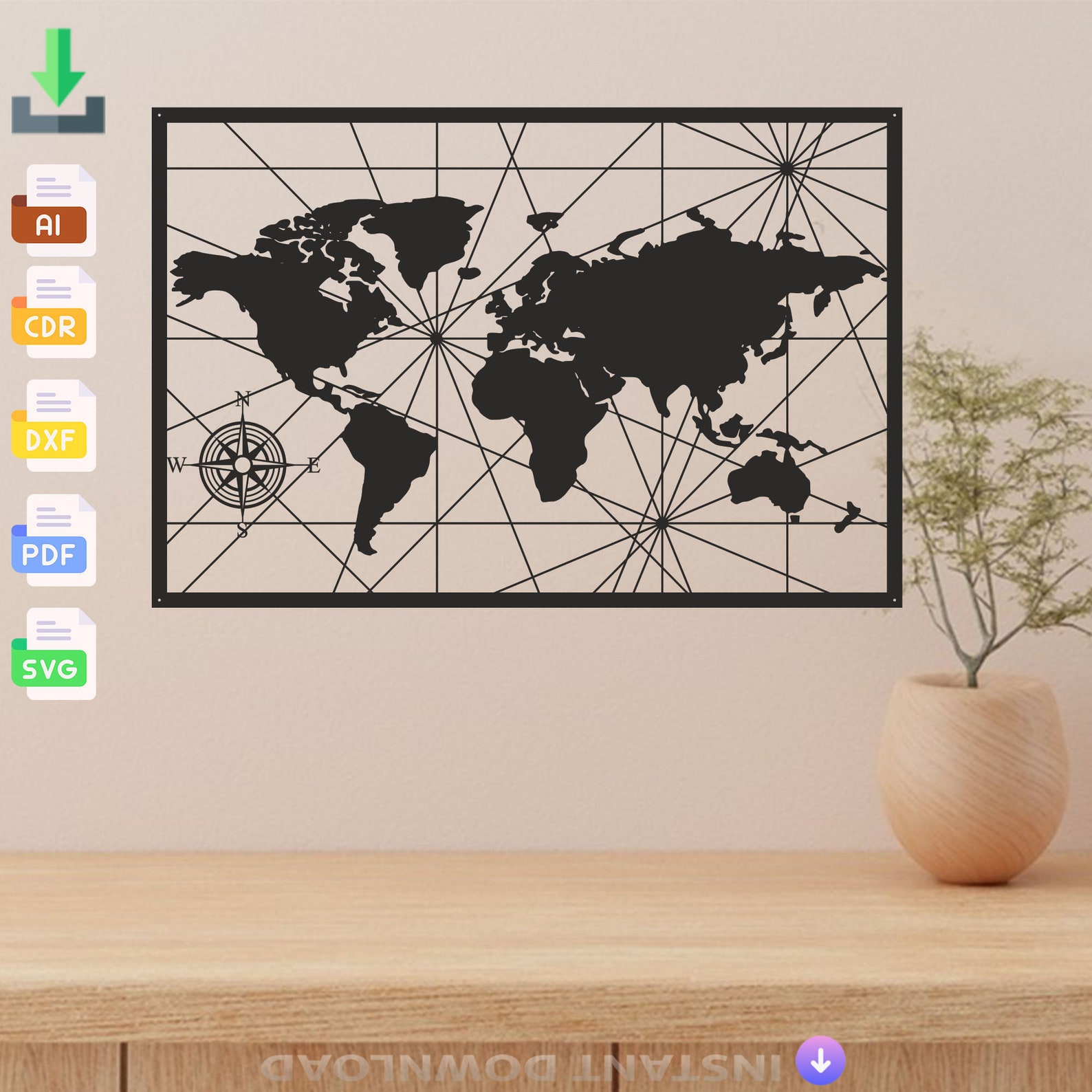 Metal World Map Design Laser Cut Svg Dxf Files Wall Sticker Engraving ...