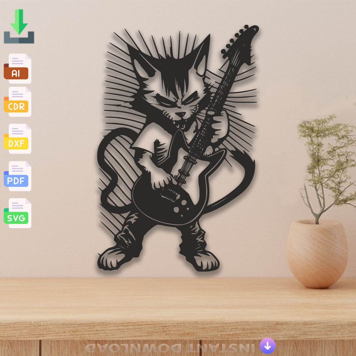 Rockstar Cat Design Laser Cut Svg Dxf File Wall Sticker Engraving Decal ...