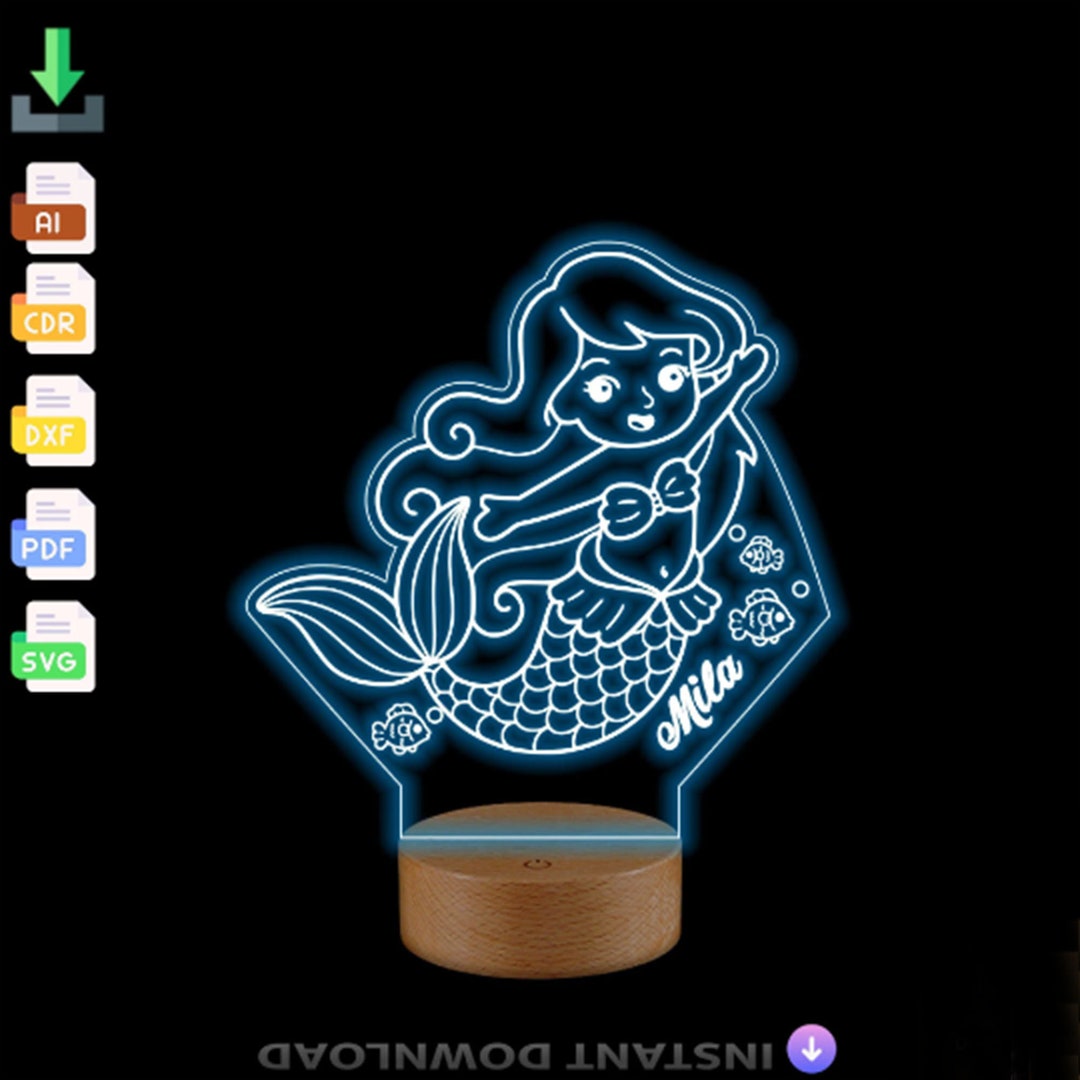 Personalized Mermaid Night Light Desk Lamp 3D Led Light, Files Dxf,cdr ...