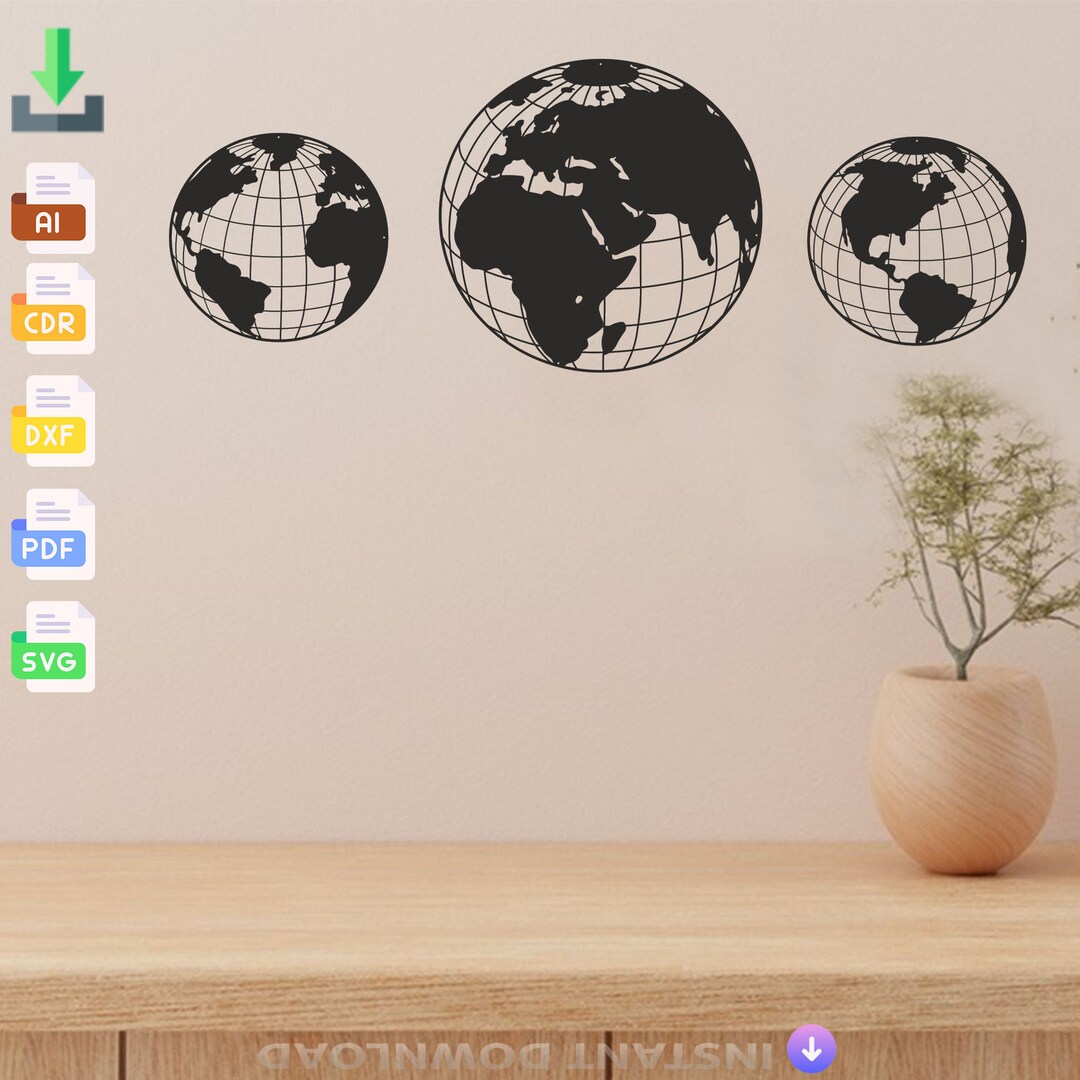 World Map Globe Design Laser Cut Svg Dxf File Wall Sticker - Etsy