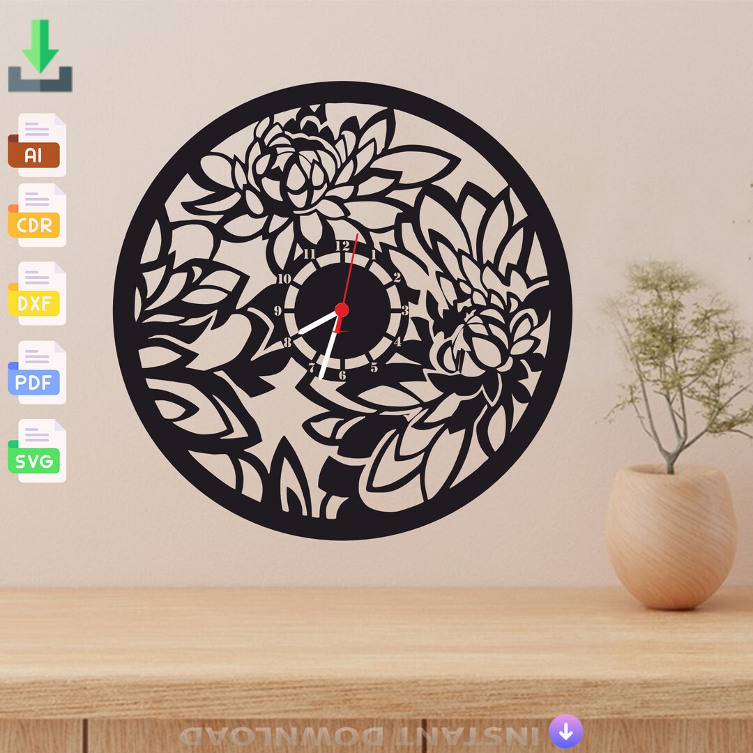 Flower Wall Clock Modern Wall Clock Laser Cut Wall Art Sticker ...
