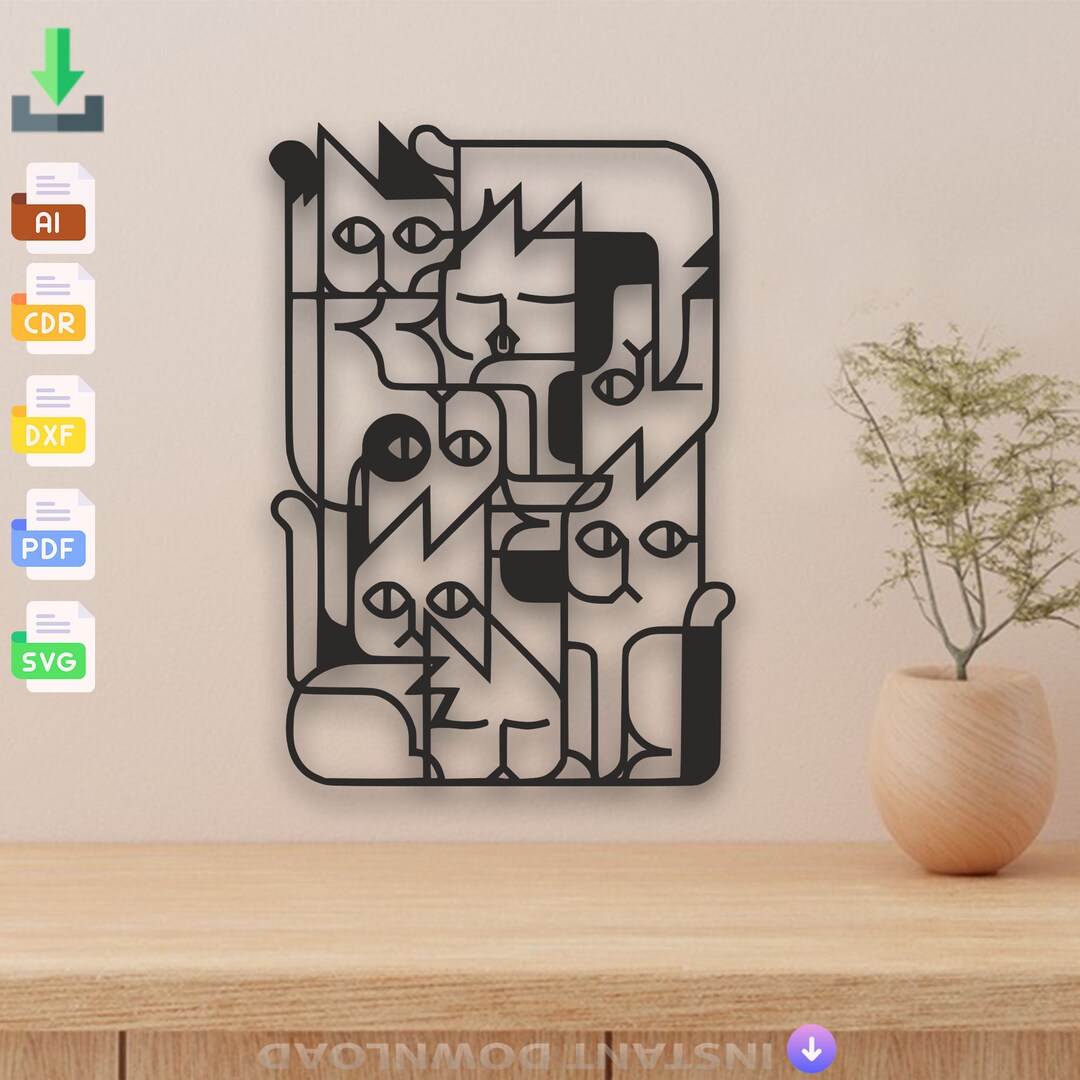 Wall Cat Art Laser Cut, Svg, Dxf, Glowforge CNC Cutting, Pdf , Dxf, Svg ...