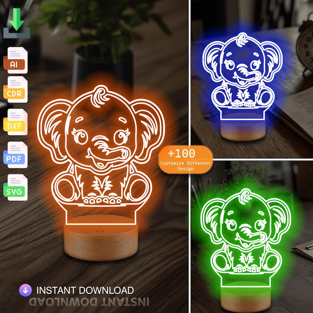 Baby Elephant Night Light Svg - Acrylic Hologram LED Lamp - Laser Cut ...