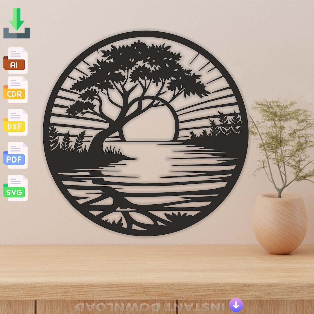 Sunset Tree Metal Wall Art Laser Cut Svg Dxf Files Wall Sticker ...