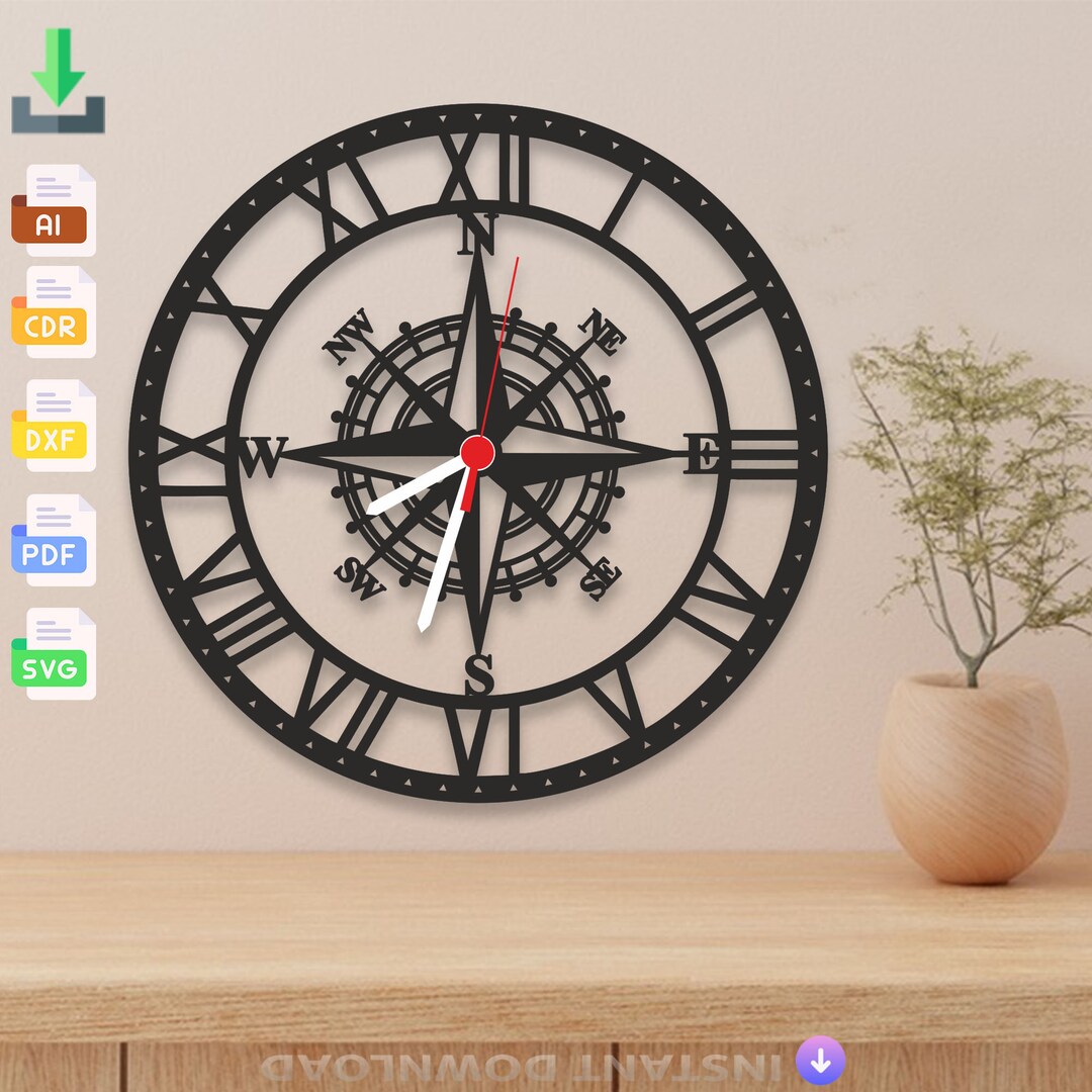 Compass Clock Svg, Laser Cut, Svg, Dxf, Plan, CNC Cutting, CNC Router ...