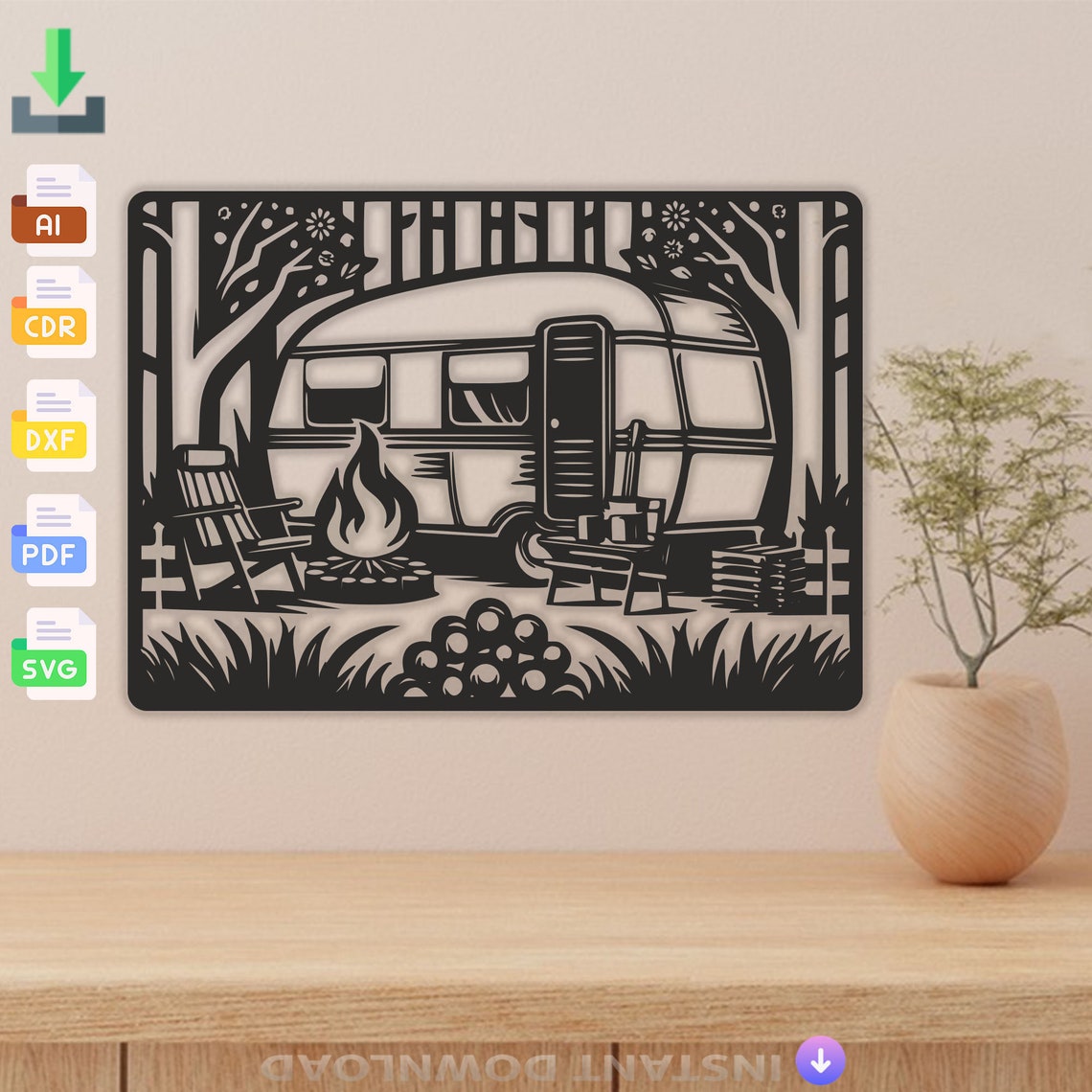 Caravan Campfire Panel Svg Laser Cut Svg Dxf Files Wall Sticker ...