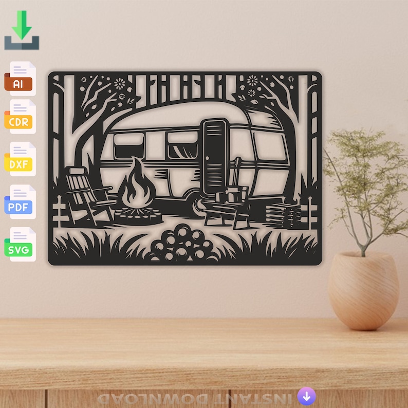 Caravan Campfire Panel Svg Laser Cut Svg Dxf Files Wall Sticker ...