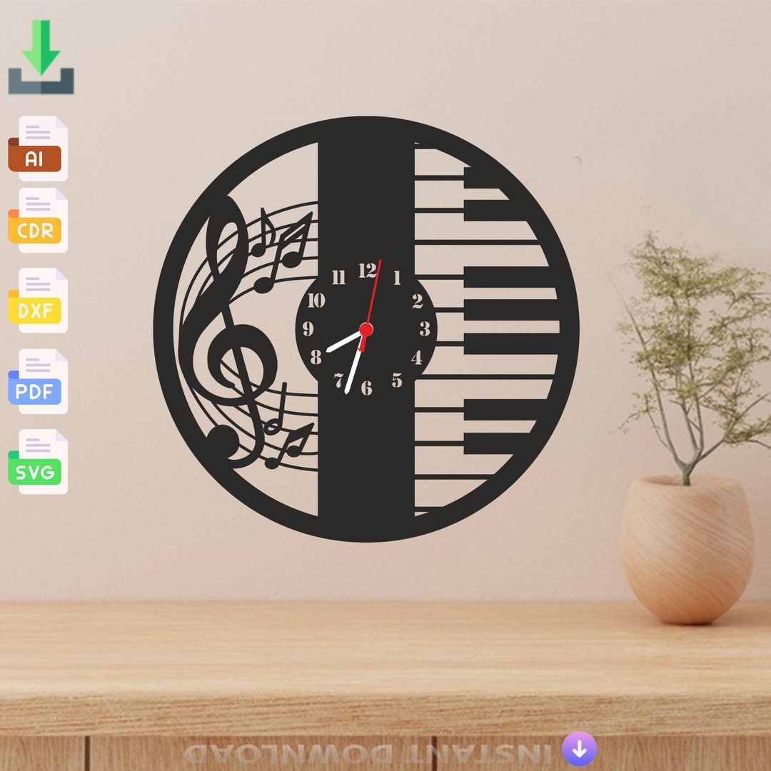 Reloj de pared con notas musicales decorativas, corte láser, SVG, DXF ...