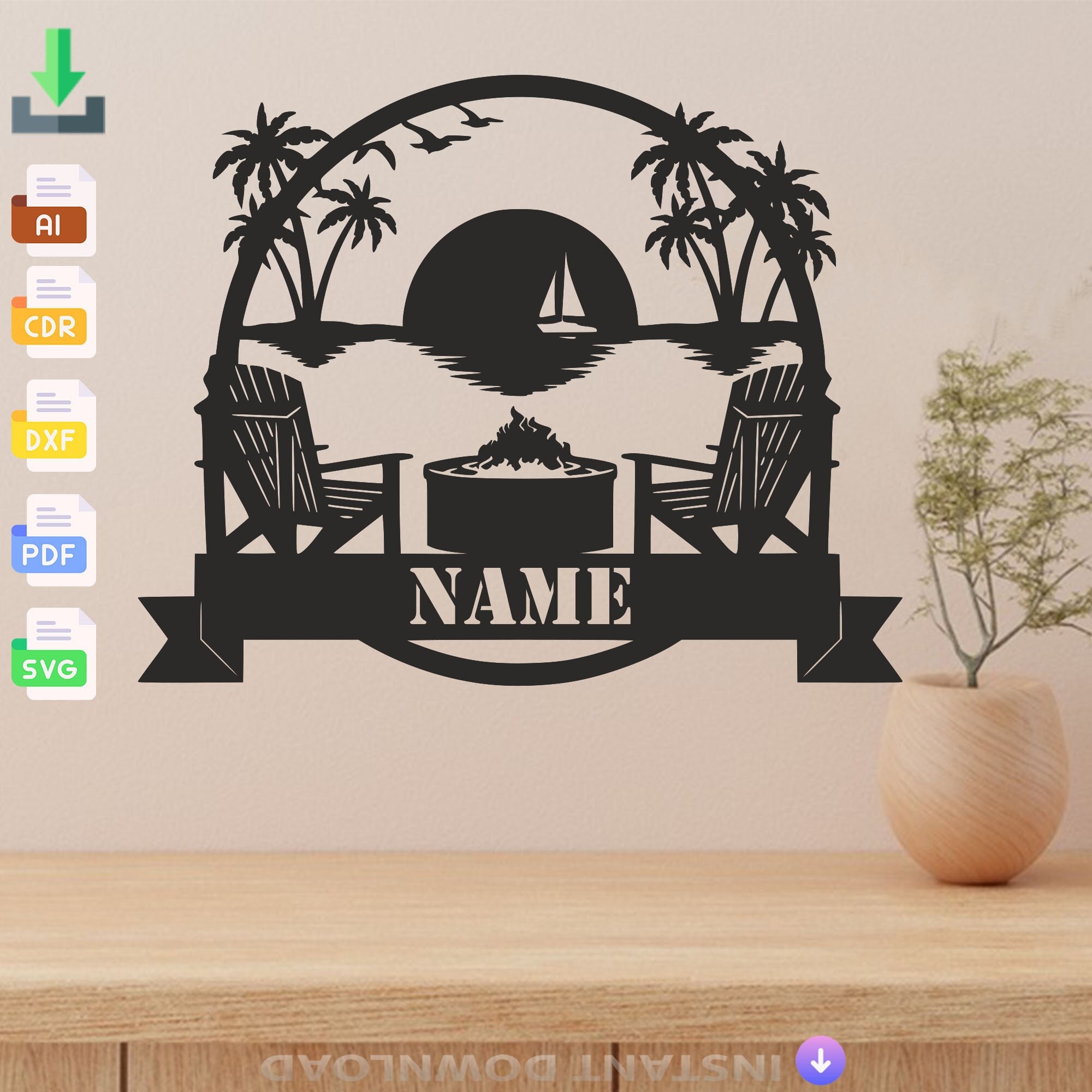 Personalized Beach Fire Pit Monogram: Laser Cut Vector Files (digital ...