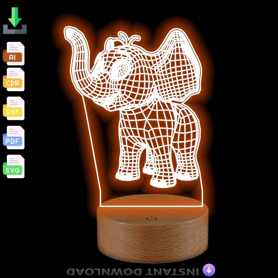 Baby Elephant 3D Lamp ,3D Acrylic Led Lamp Svg,laser Cut,svg,dxf,plan ...