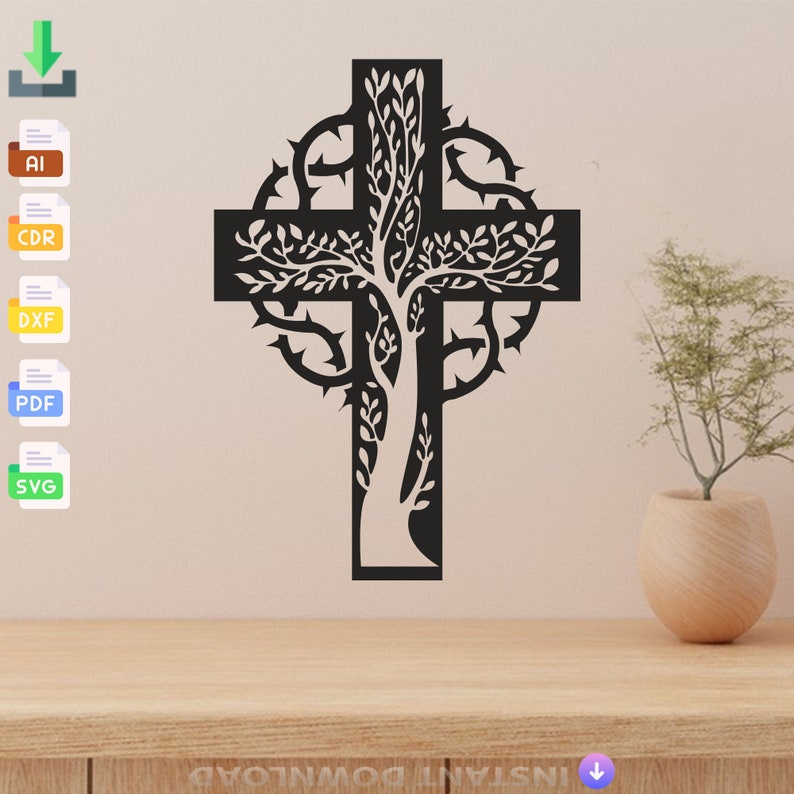 Tree Cross Design corte láser svg dxf archivos pared pegatina grabado ...