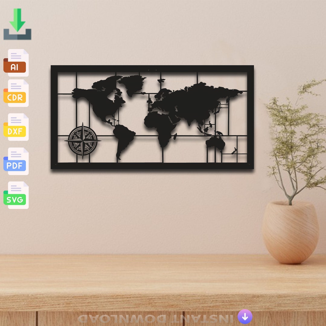 World Map Design Laser Cut Svg Dxf Files Wall Sticker Decal Silhouette ...