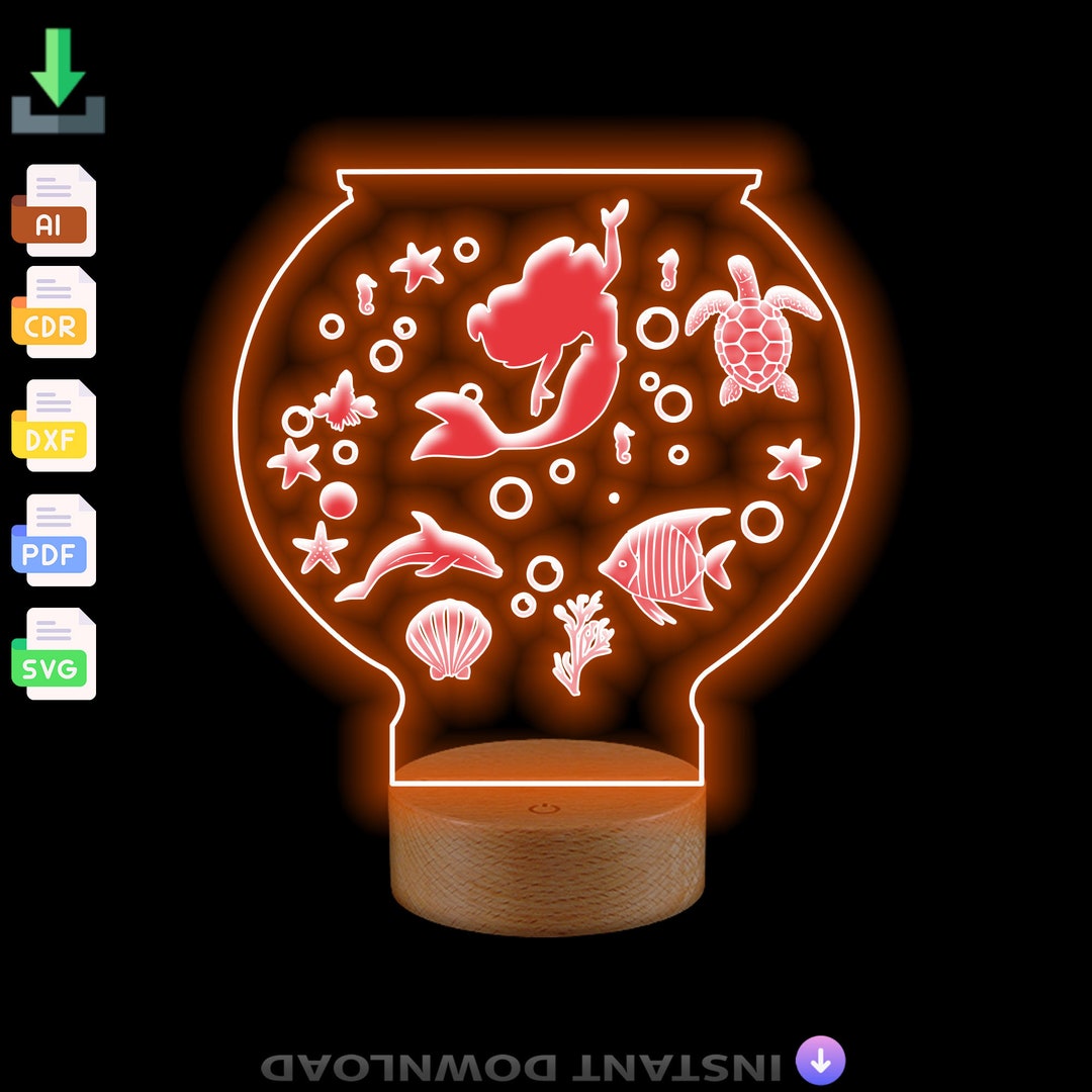 Aquarium 3D Night Light Digital Vector Files: Mermaid, Fish (laser Cut ...