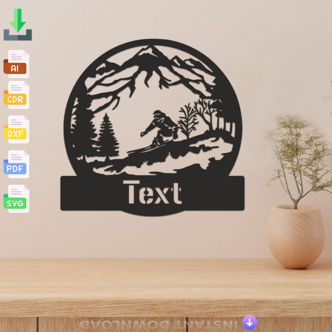 Skiing Design Laser Cut Svg Dxf Files Wall Sticker Engraving Decal ...