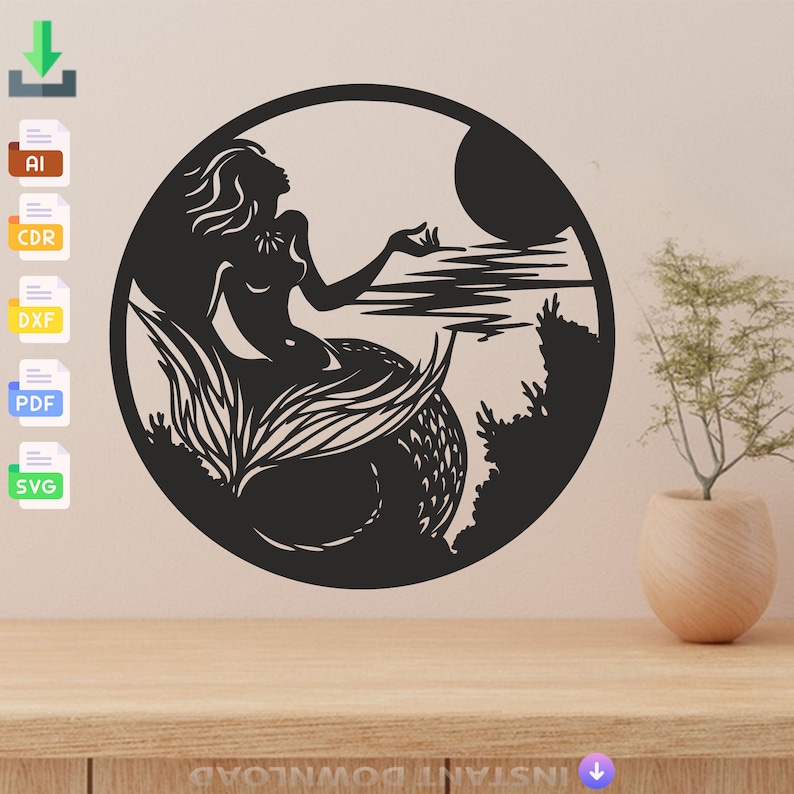 Mermaid Scene Design Laser Cut Svg Dxf Files Wall Sticker Engraving ...