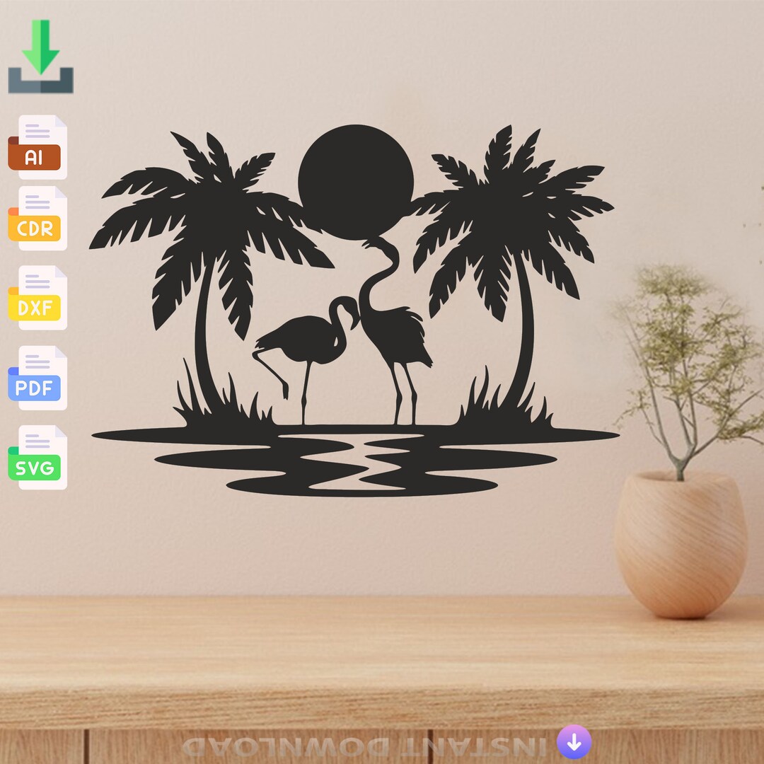 Sunset Flamingos Design Laser Cut Svg Dxf Files Wall Sticker Engraving ...