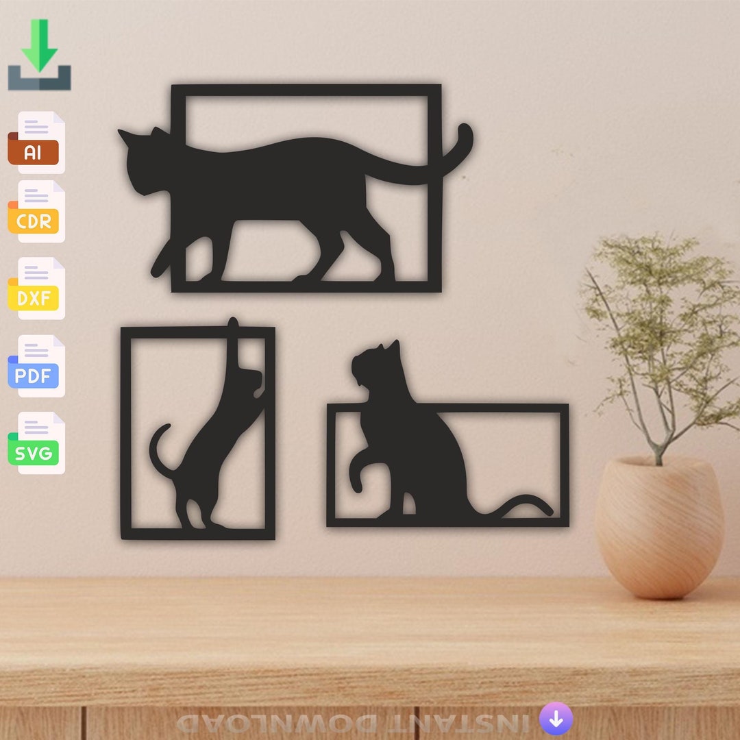 Cat Wall Decor Laser Cut Files: 3pcs CNC Vector (digital Download) - Etsy