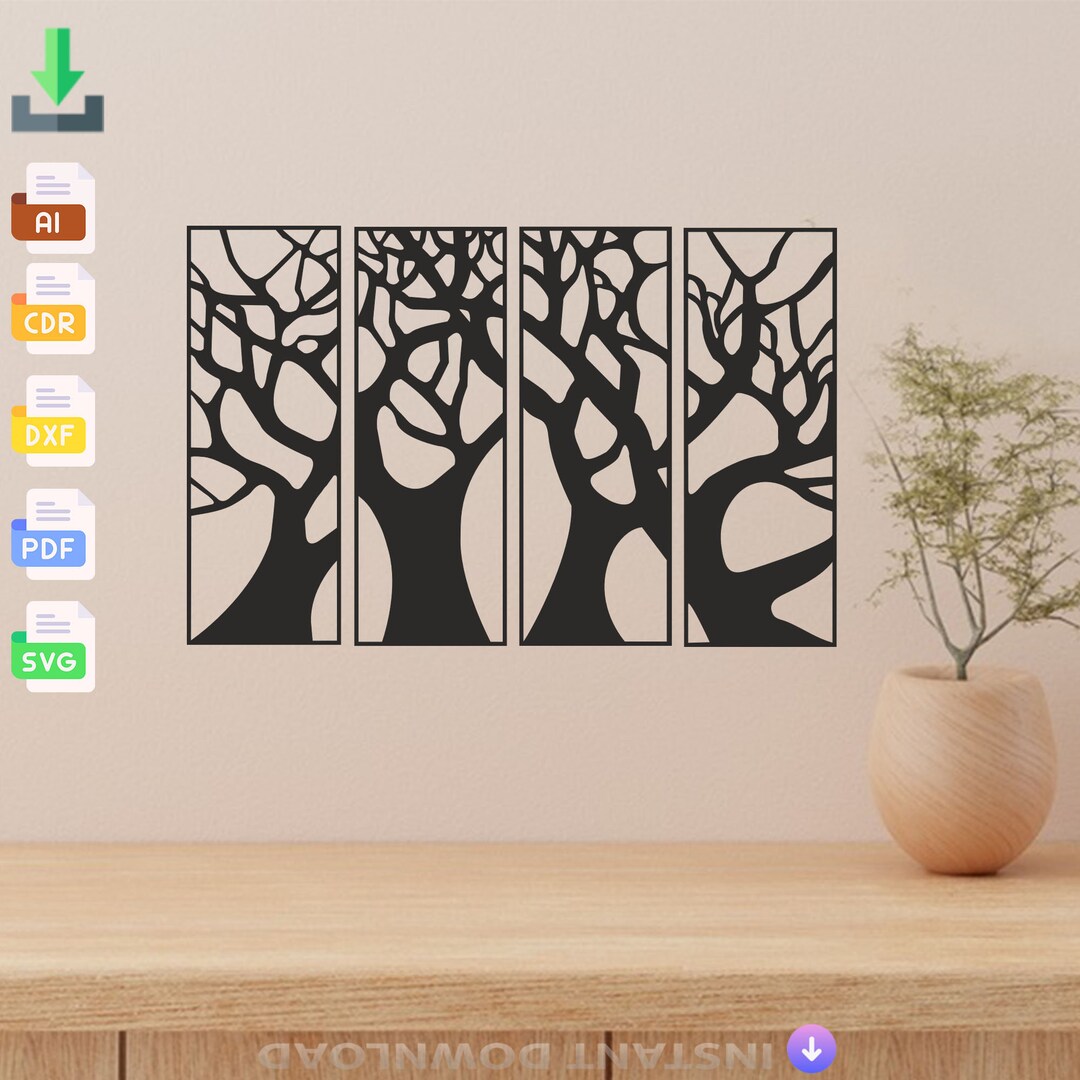 4 Panels Tree of Life Decor, Tree Sign Svg Laser Cut,svg,dxf,glowforge ...
