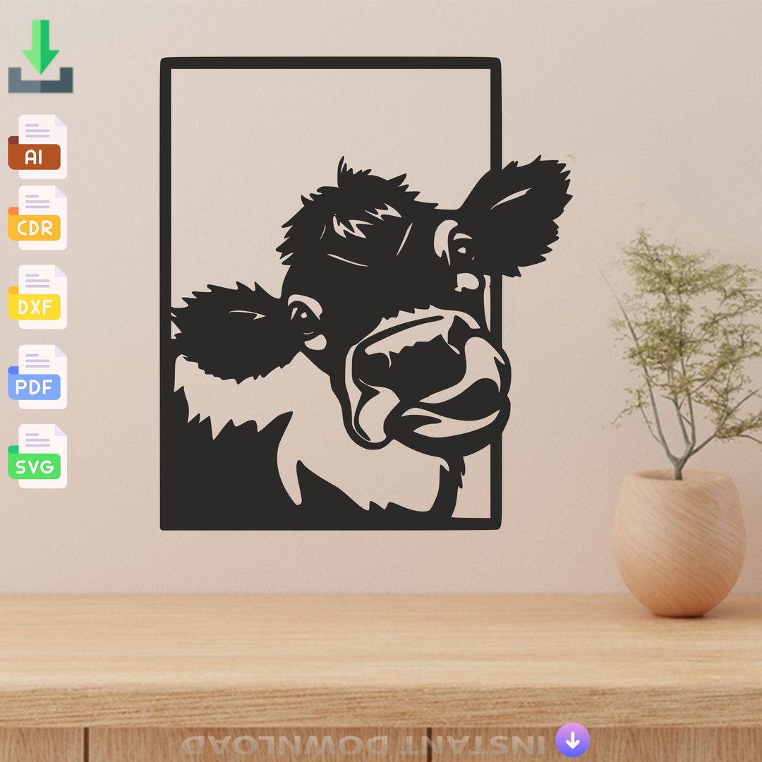 Cow Head Heifer Farm Animal Laser Cut Svg Dxf Files Wall Sticker ...