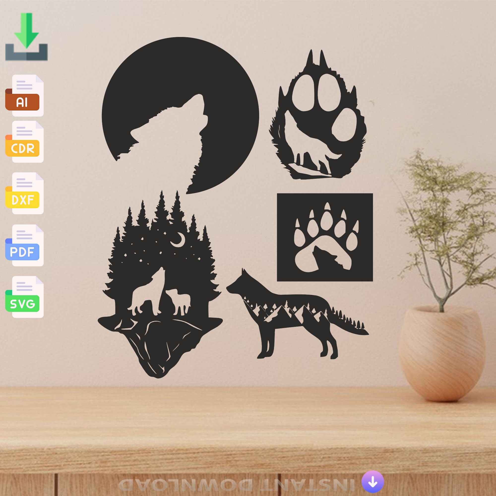 Wolfs Panel Design Laser Cut Svg Dxf File Wall Sticker - Etsy